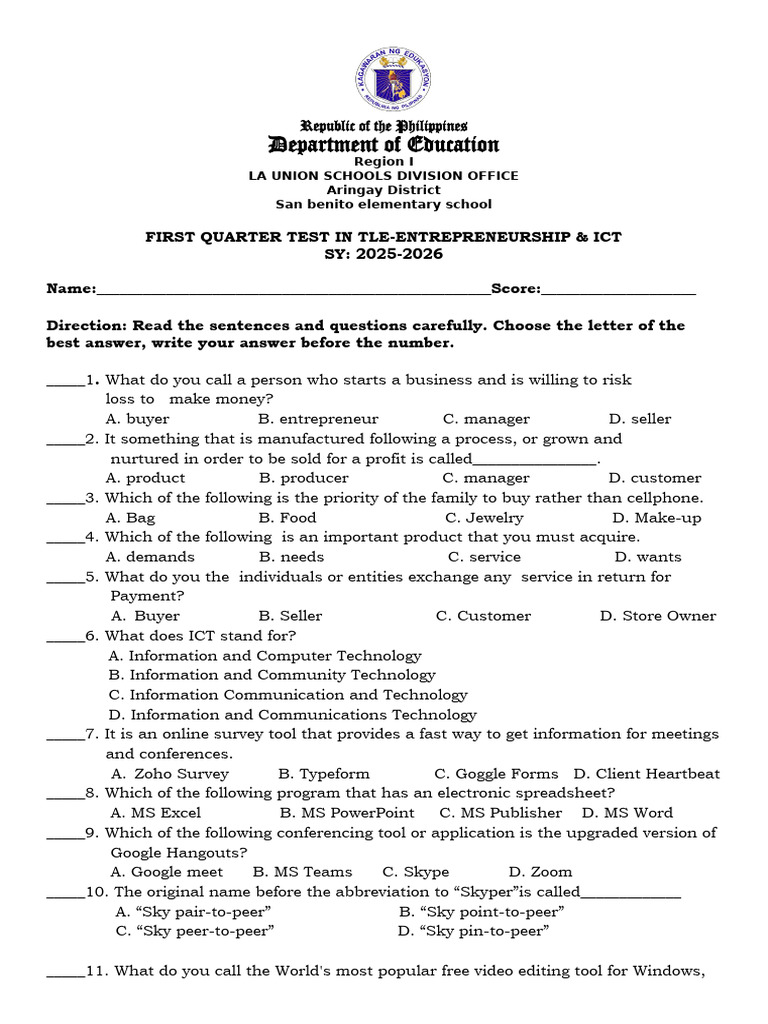 TLE-ICT Exam for SY 2025-2026 | PDF | Internet | Software