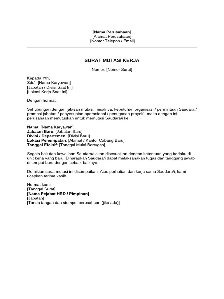 Surat Mutasi Karyawan Antar Divisi | PDF