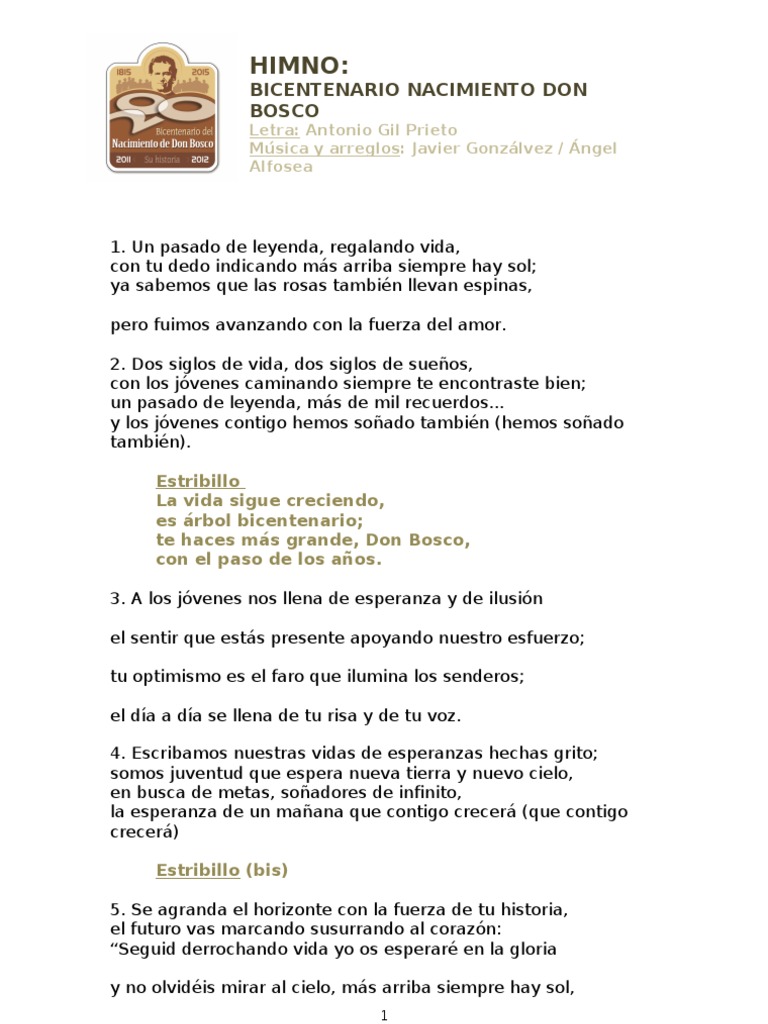 Letra Himno Del Bicentenario de Don Bosco | PDF
