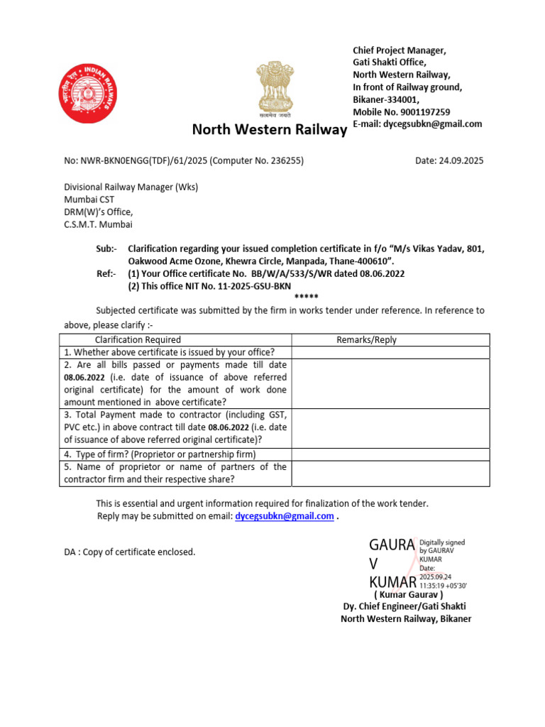 Letter To DRM (WKS) Mumbai CST | PDF