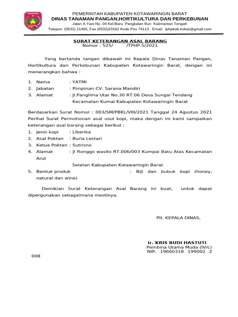 Surat Keterangan Asal Barang Kopi Liberika | PDF
