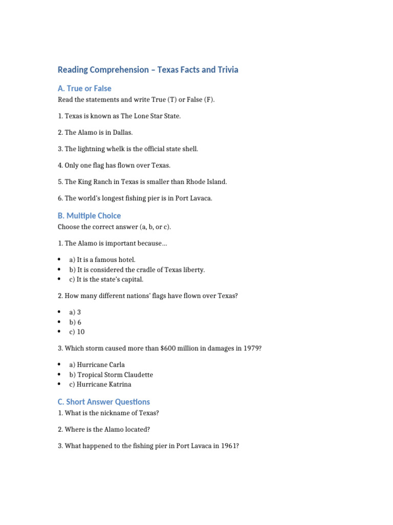 Texas Facts and Trivia Quiz | PDF