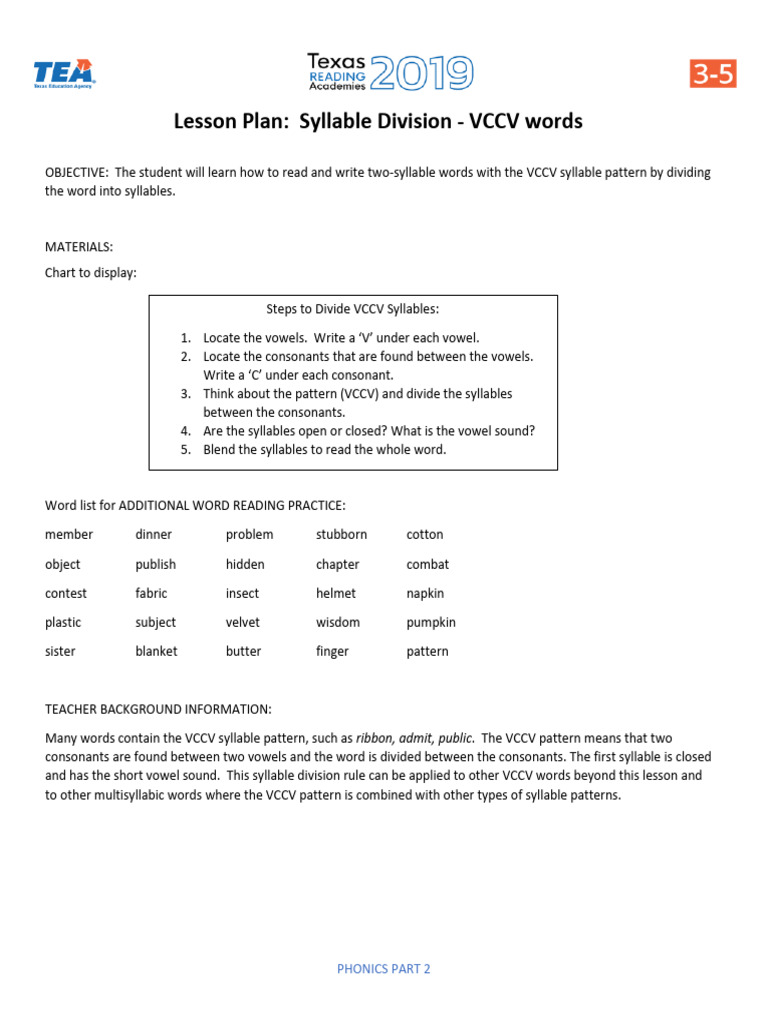 3-5 2.3 Station Lesson Syllable Division VCCV Acc | PDF | Syllable ...