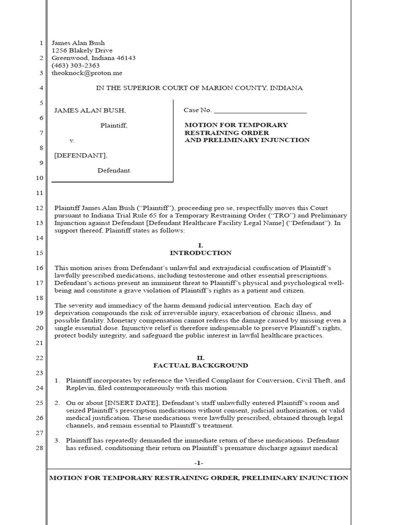 Motion For Temporary Restraining Order and Preliminary Injunction (Hawthorne Healthcare Center ...
