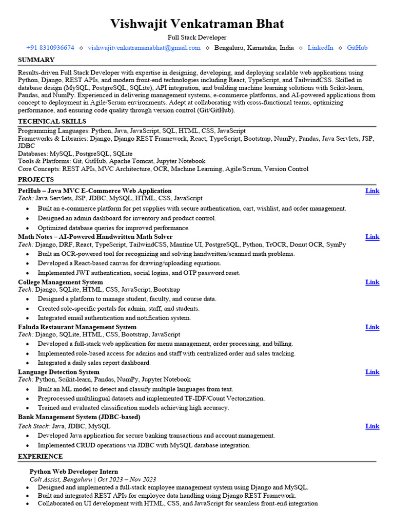Vishwajit Fullstack Resume | PDF | My Sql | Java Script