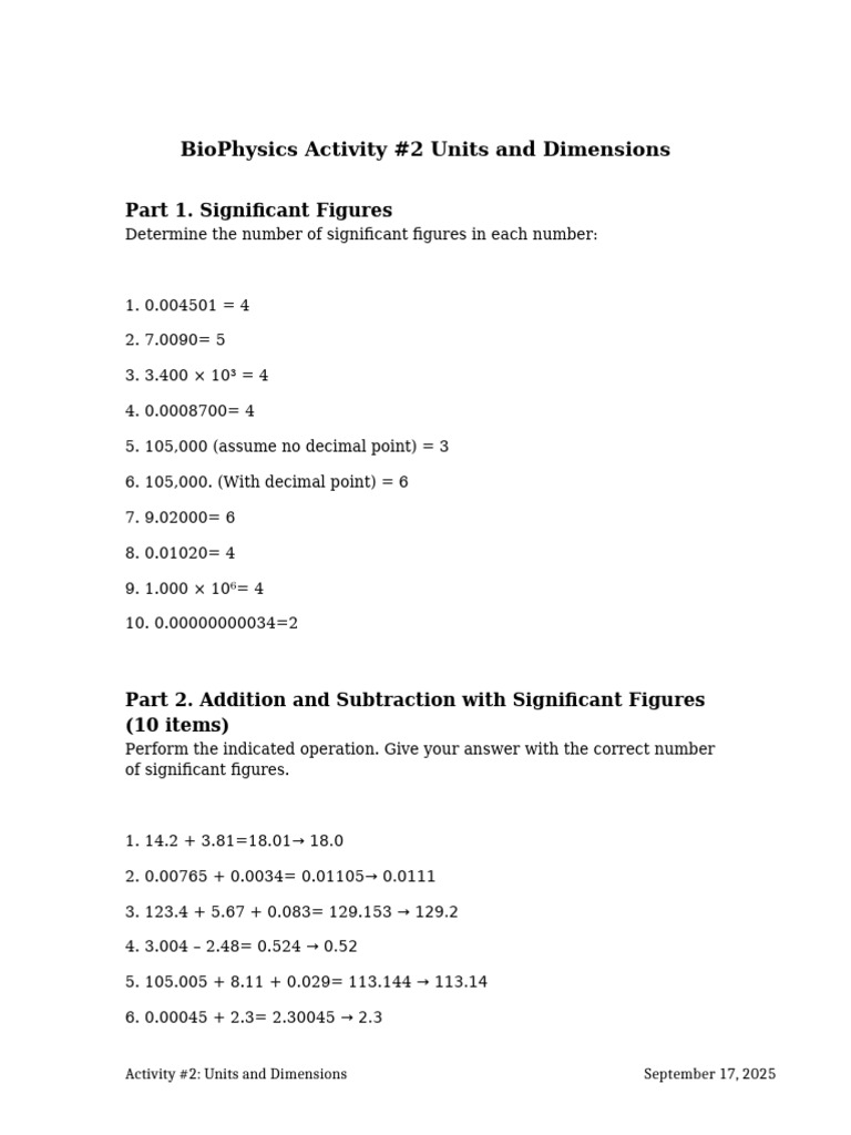 BioPhysics Activity #2 Units and Dimensions | PDF