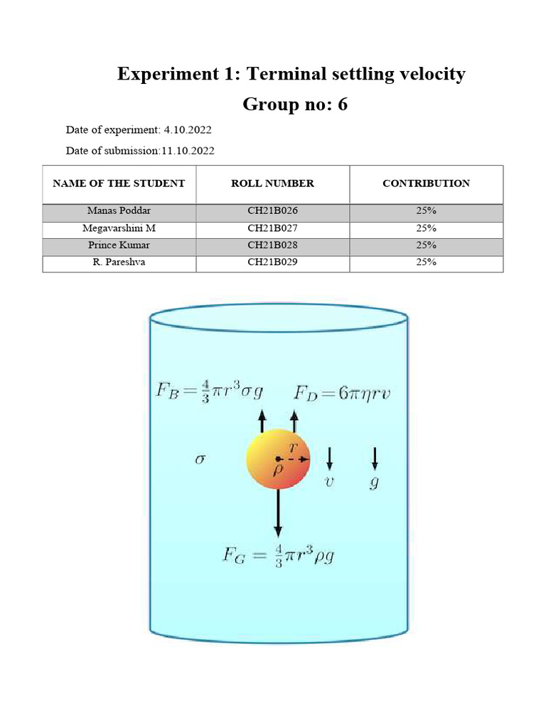 Terminal Settling Velocity Experiment | PDF | Drag (Physics) | Force