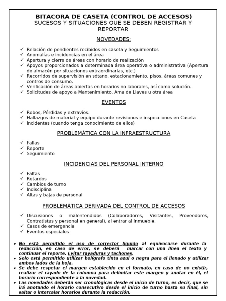 Bitácora de Control de Accesos y Rondas | PDF