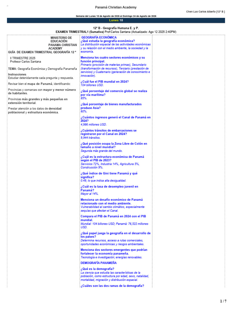 Chen Luo Carlos Alberto (12° B) 1 18082025 | PDF | Panamá | canal de Panama