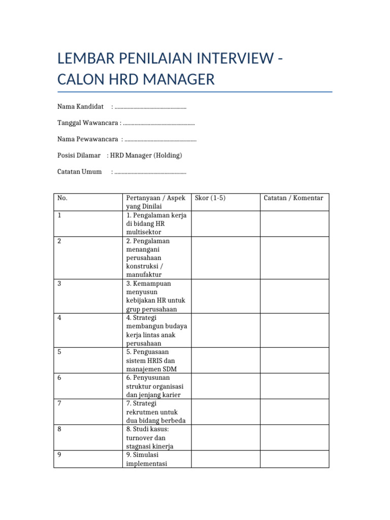 Lembar Penilaian Interview HRD Manager | PDF