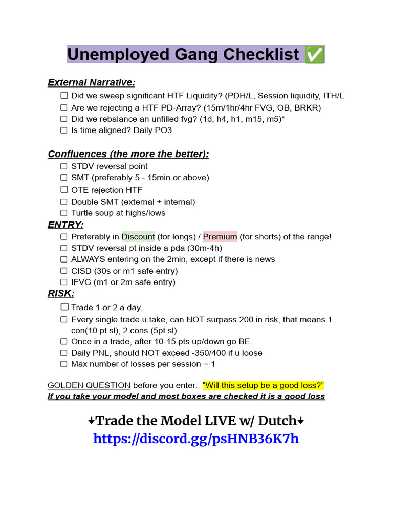Unemployed Gang Trading Checklist | PDF