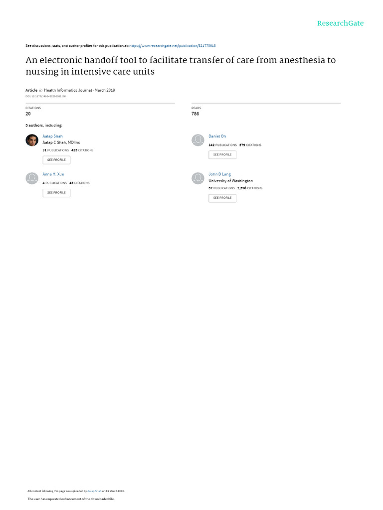 2019 - Shah - An Electronic Handoff Tool To Facilitate Transfer of Care ...