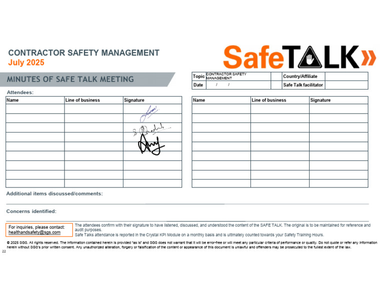 Attendance Sheet Contractor Safety - July 2025 | PDF