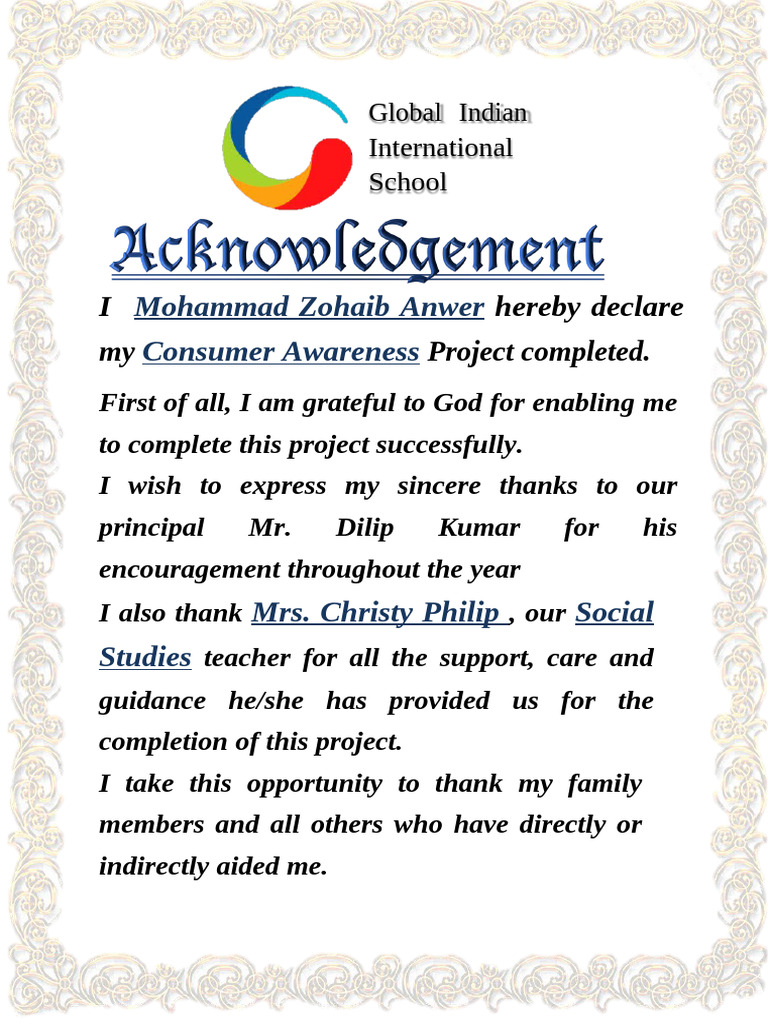 Acknowledgement GIIS Class 9 | PDF