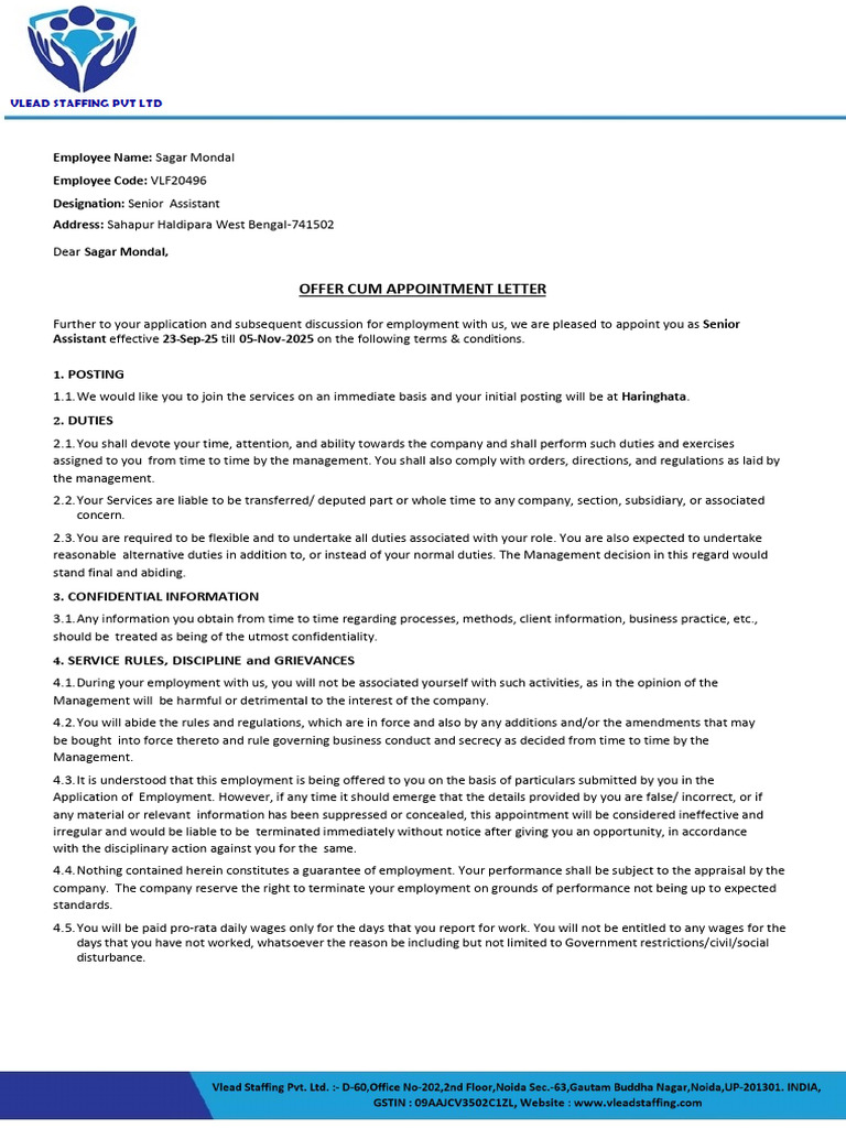 VLF20496-Sagar Offer Letter | PDF | Employment | Confidentiality