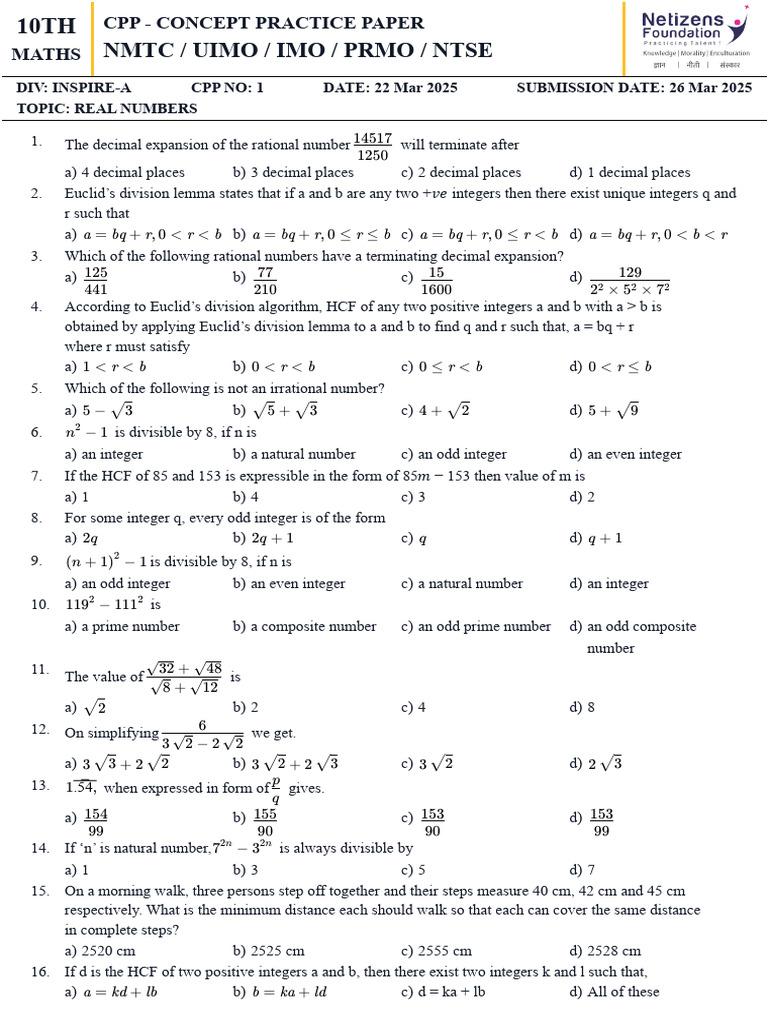 n5 10th Inspire A PCM Maths CPP 01 Real Numbers 22-03-2025 | PDF | Mathematics | Mathematical ...