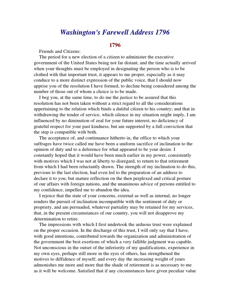 Washington's 1796 Farewell Address | PDF | Morality | Peace