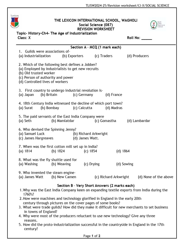 TLISW X His.-Ch4 Revision Worksheet 2024-25 | PDF | Industrial Revolution | Cotton Mill
