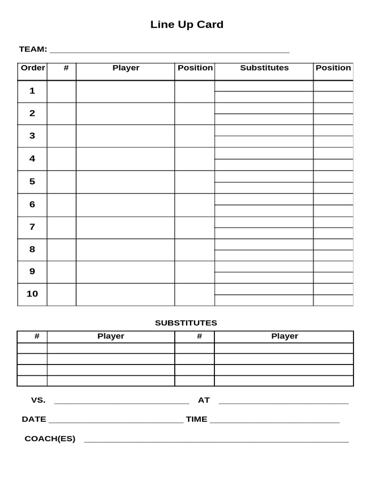 Fillable Baseball Lineup Card Template | PDF