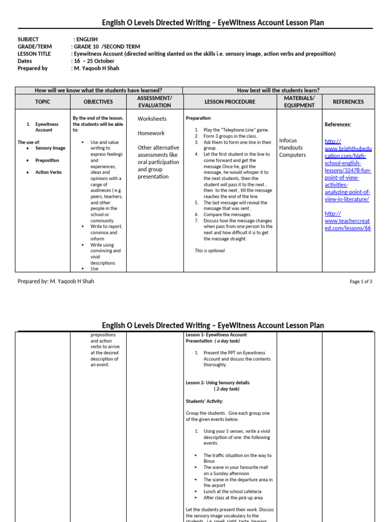 English O Levels Directed Writing - EyeWitness Account Lesson Plan ...