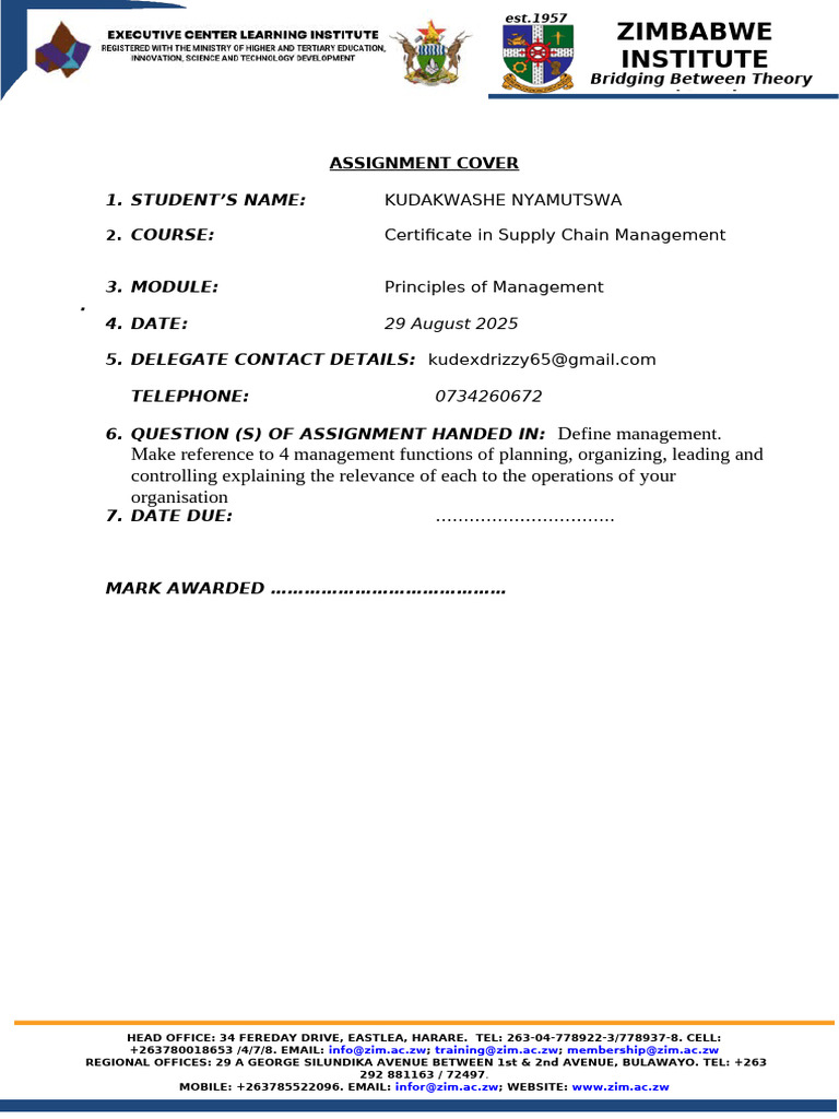 Define Management. Make Reference To 4 Management Functions of Planning ...