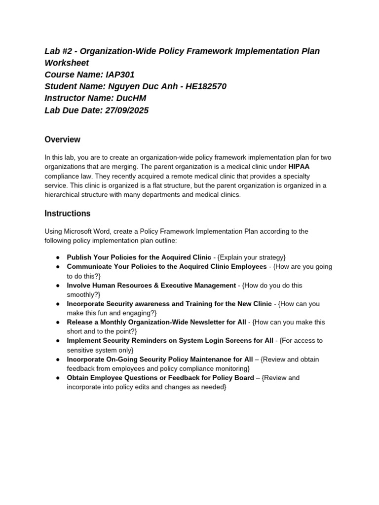 IAP301 - HE187099 - Lab #2 - Organization-Wide Policy Framework Implementation Plan Worksheet ...