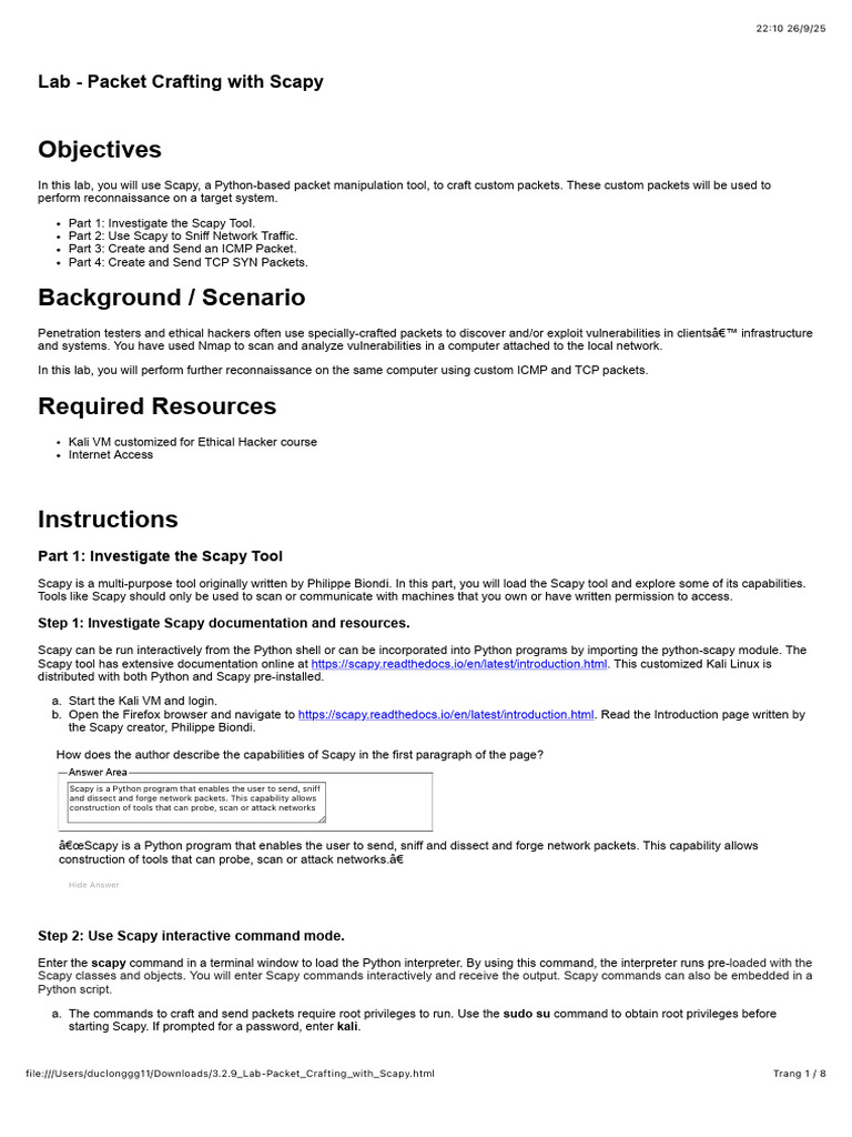 Scapy Packet Crafting Lab Guide | PDF | Internet Protocols ...