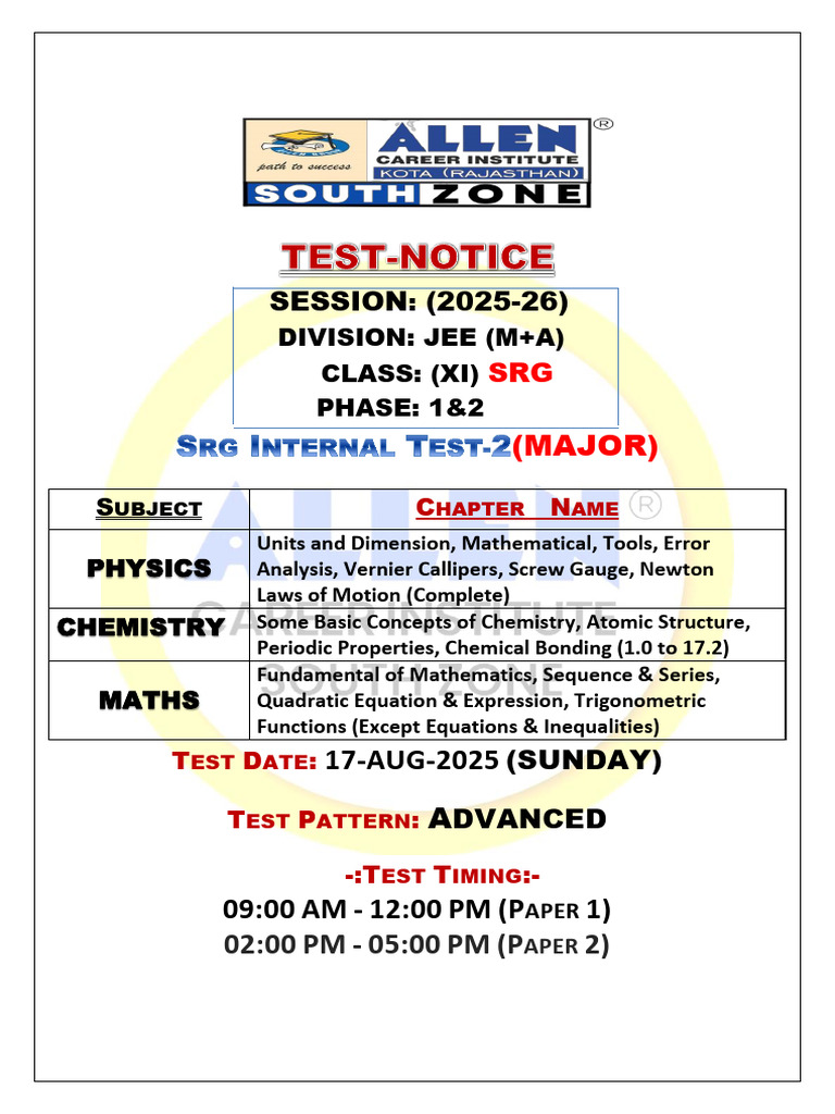 Jee (M+a) (SRG) Nurture Test-2 Ph-1&2 17-Aug-2025 (2025-26) Notice | PDF