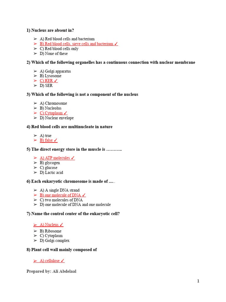 Cell Biology Quiz Questions and Answers | PDF | Cell (Biology ...