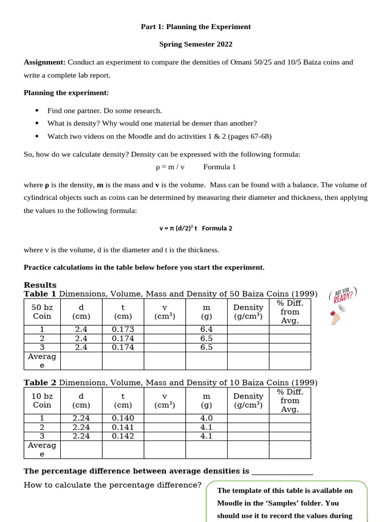 Omani Coin Density Experiment Guide | PDF | Density | Volume