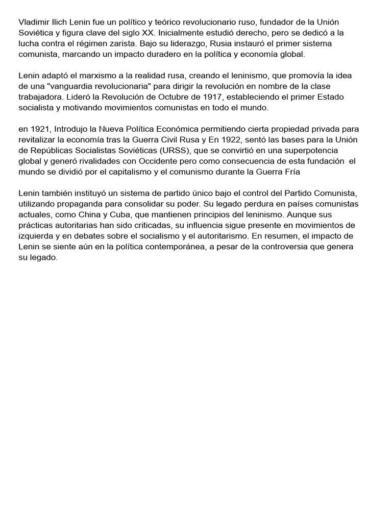 Vladimir Ilich Lenin Fue Un Político y Teórico Revolucionario Ruso ...