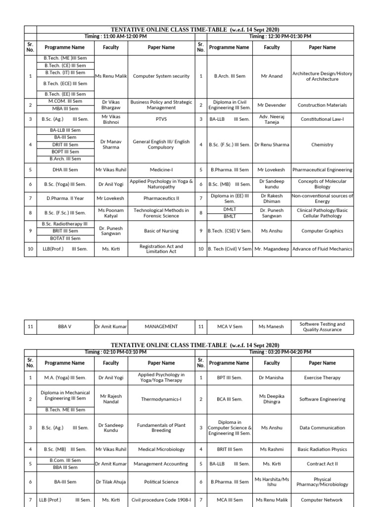 Online Class Timetable (Sept 2020) | PDF
