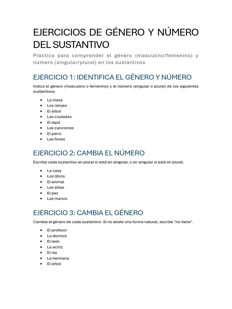 Ejercicios de Género y Número en Sustantivos | PDF