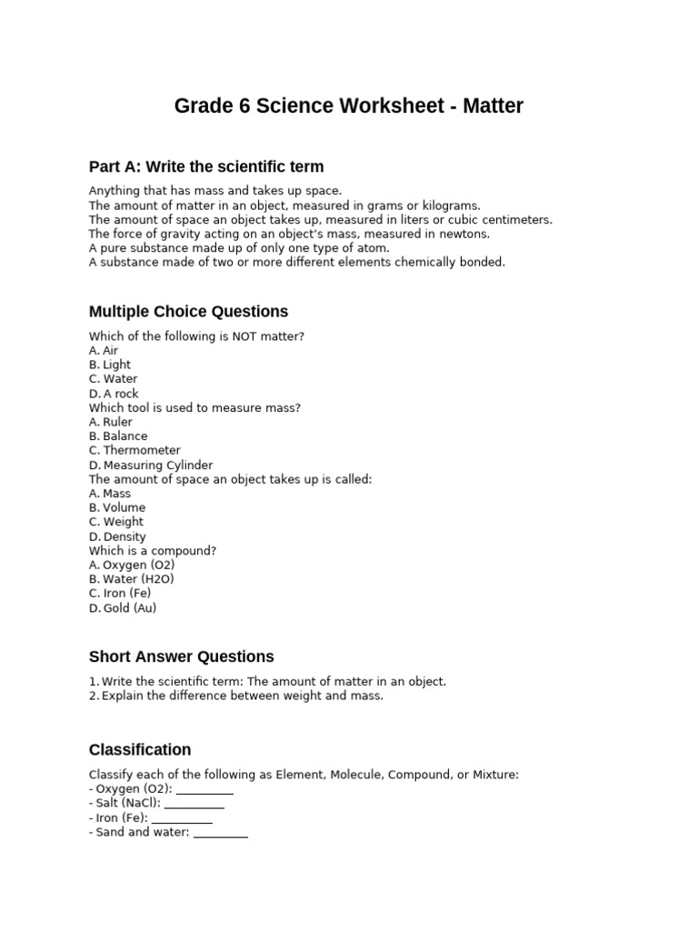 Grade6 Science Worksheet Matter Updated | PDF