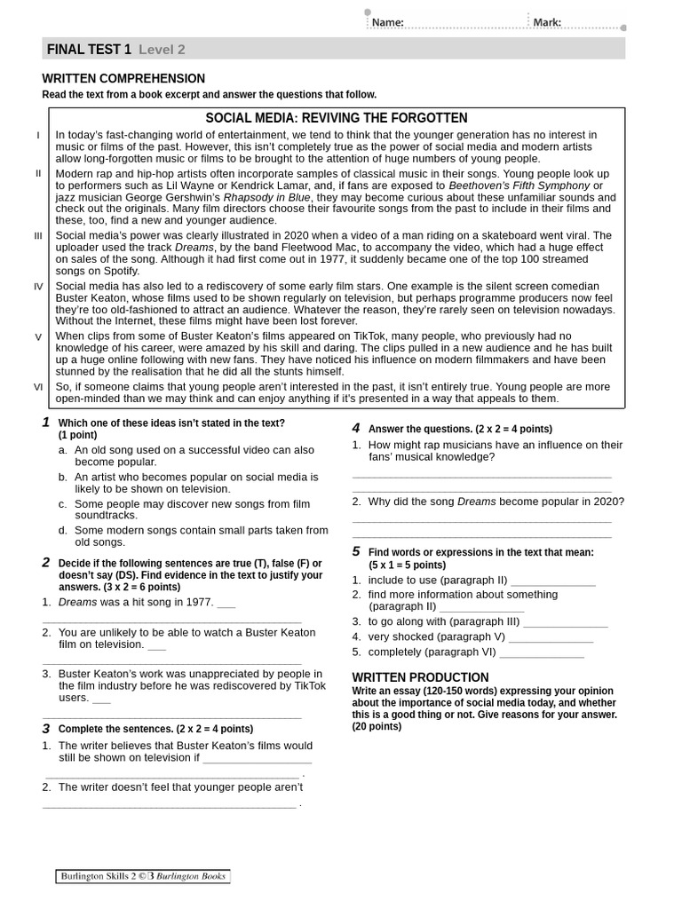 02skills2 Final1 L2 Test WrittenComprehension | PDF