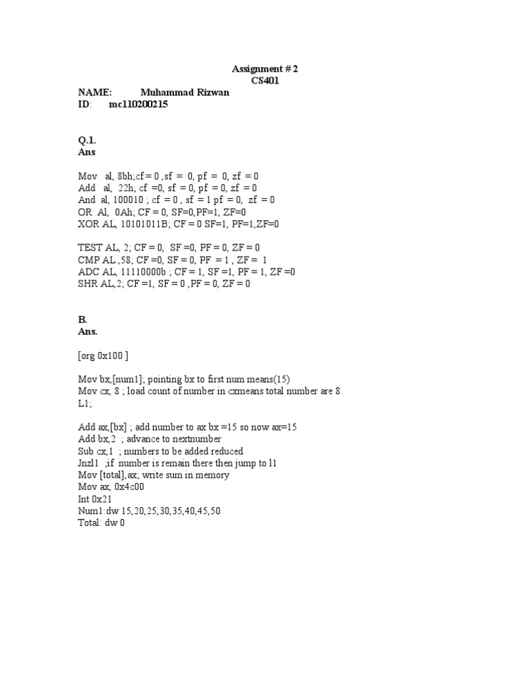 CS401 Assignment 2: Assembly Language Code | PDF | Teaching Methods & Materials