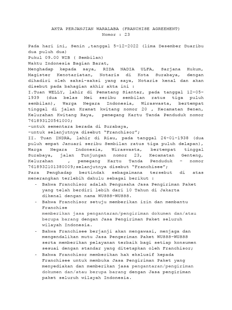 Contoh Akta Perjanjian Waralaba | PDF