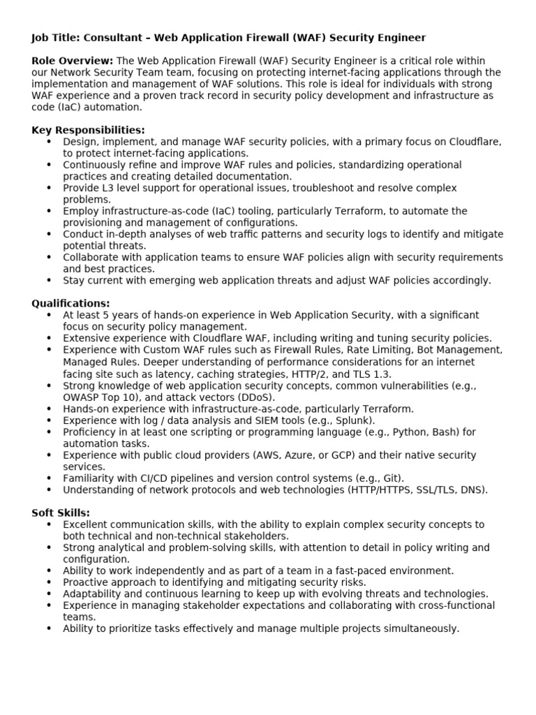 WAF Security Engineer Job Description | PDF | Computer Security | Security