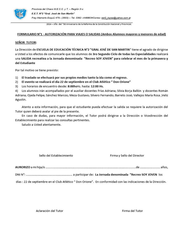 FORMULARIO N°1 3ro SC RECREO SOY JOVEN | PDF