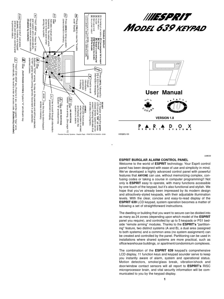 Paradox Esprit 639 Keypad User Manual | PDF | Security Alarm | Implied ...