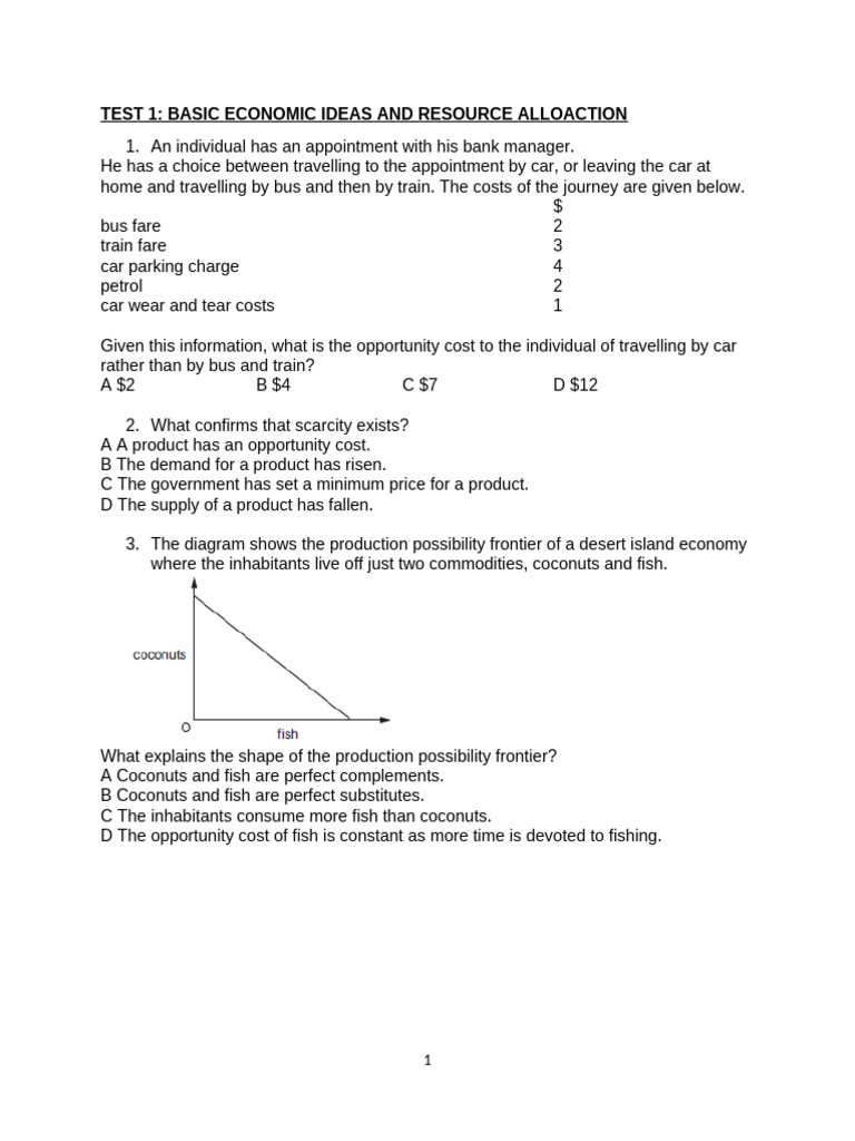 Test 1 Basic Economic Ideas and Resource Allocation | PDF | Opportunity ...