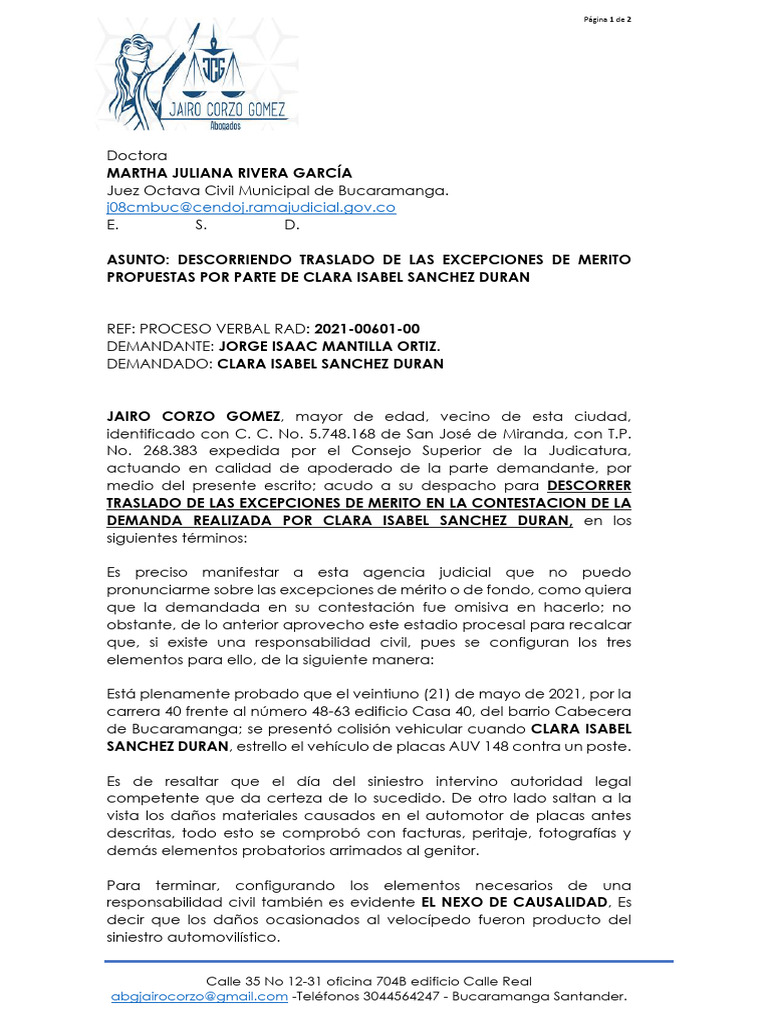 Traslado de Excepciones de Mérito | PDF