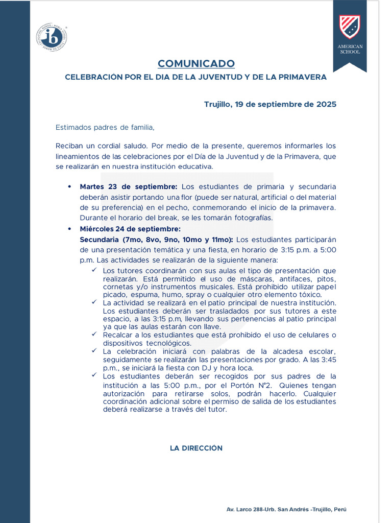 COMUNICADO - Dia de La Primavera y de La Juventud - Secundaria | PDF