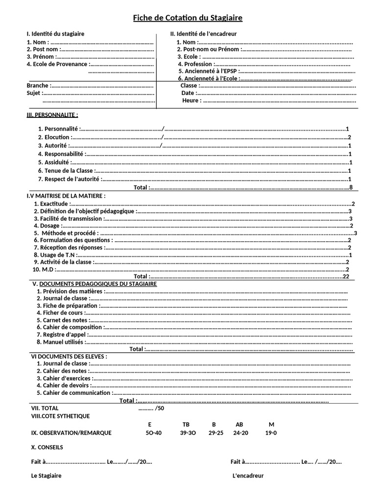 Fiche de Cotation Du Stagiaire | PDF