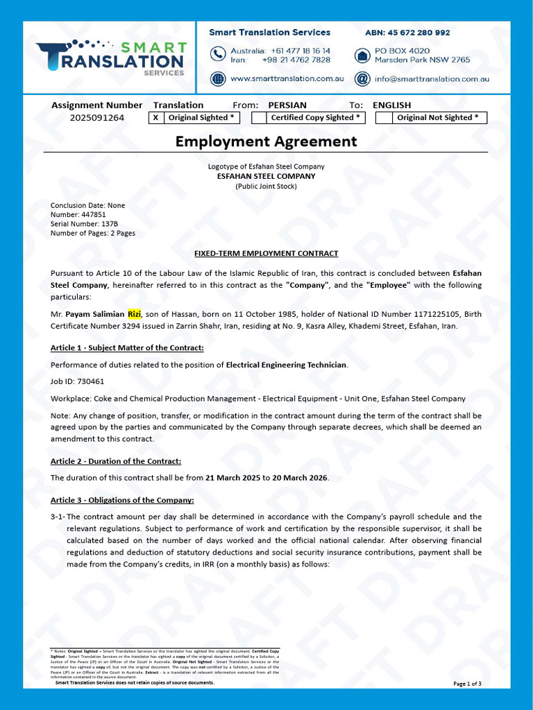 DRAFT - Contract - Esfahan Steel - Salimian 1404 | PDF | Employment ...