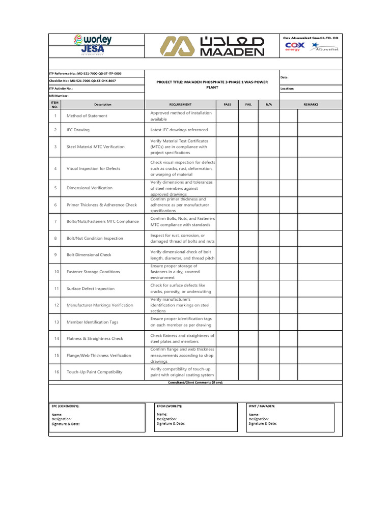 MD 521 7000 QD ST CHK 8007 Checklist Steel Structure Material | PDF ...