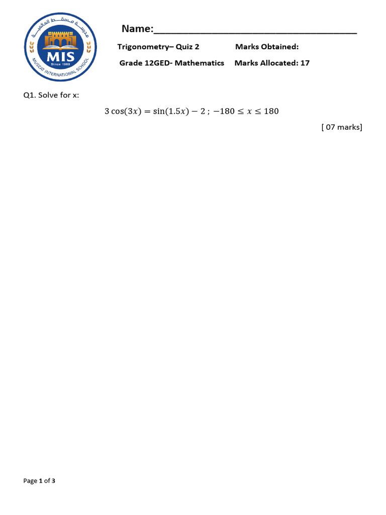 Trigonometry Quiz 2 for Grade 12GED | PDF