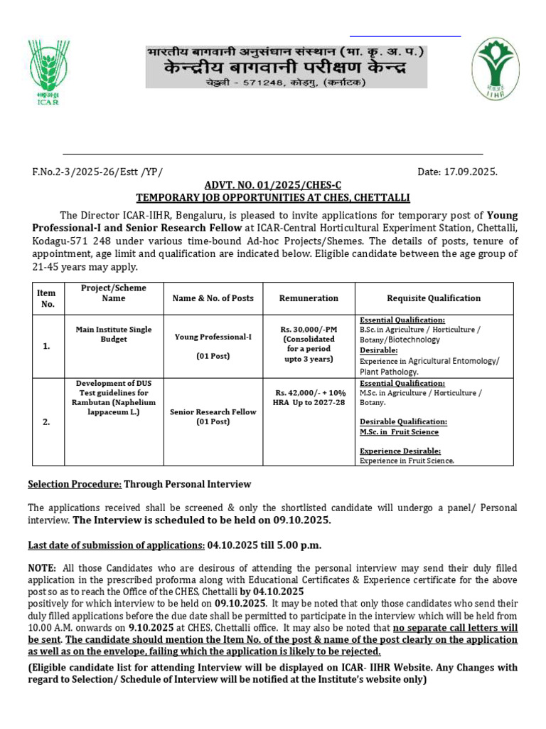 Advt Yp-I, Yp-II & SRF Ches, Chettalli 09102025 | PDF | Government ...