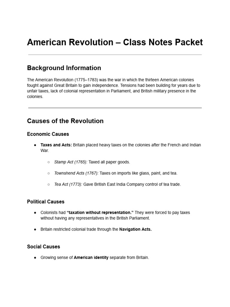 American Revolution - Class Notes Packet | PDF | American Revolution ...