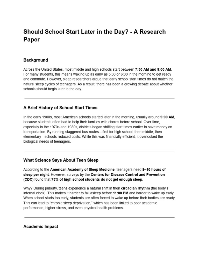 Should School Start Later in The Day? - A Research Paper | PDF | Sleep ...